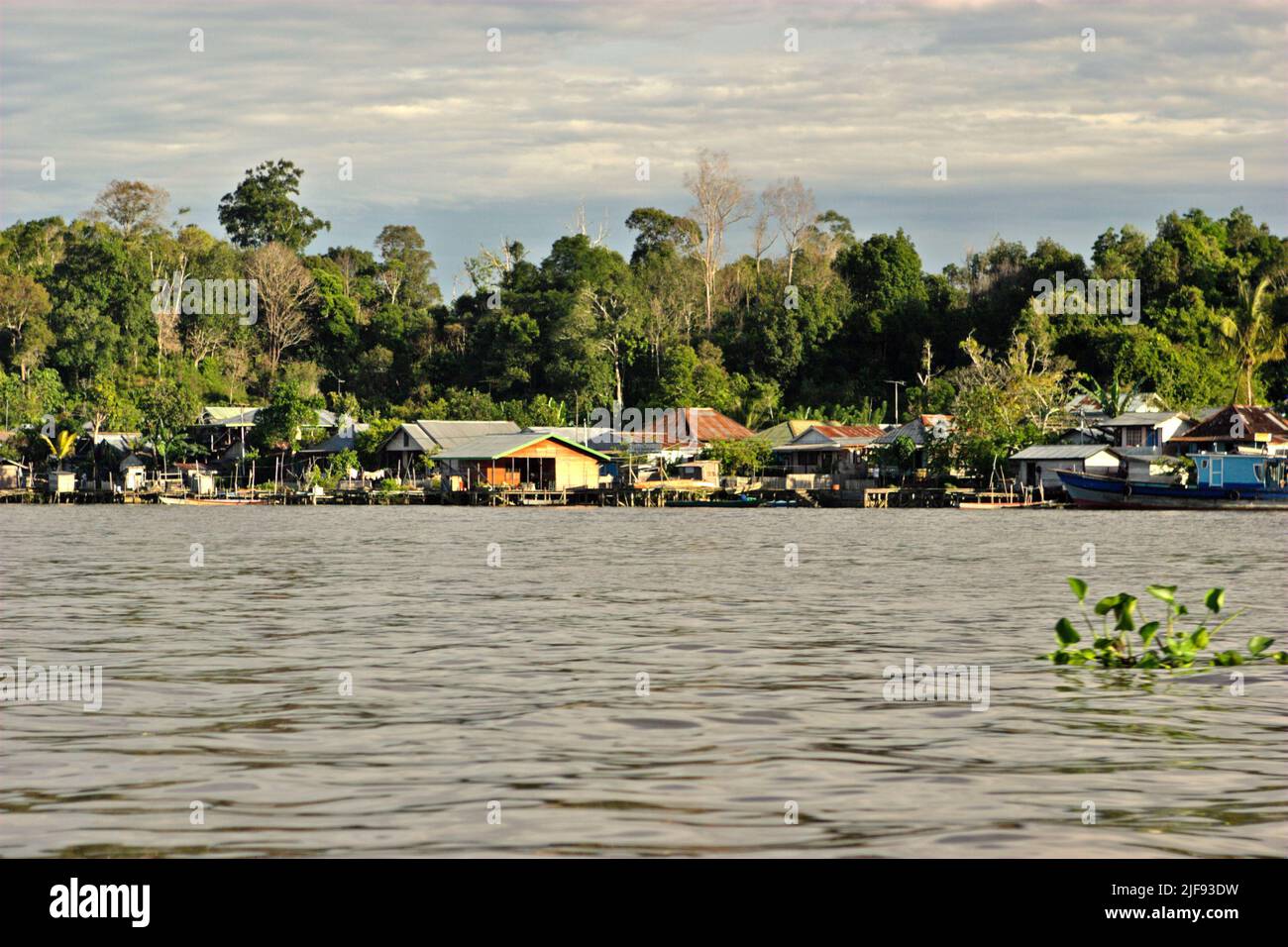 Landscape of a riverside village is seen from Segah river in Berau ...