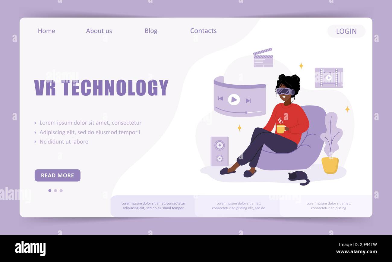 VR technology landing page template. African woman in VR glasses ...