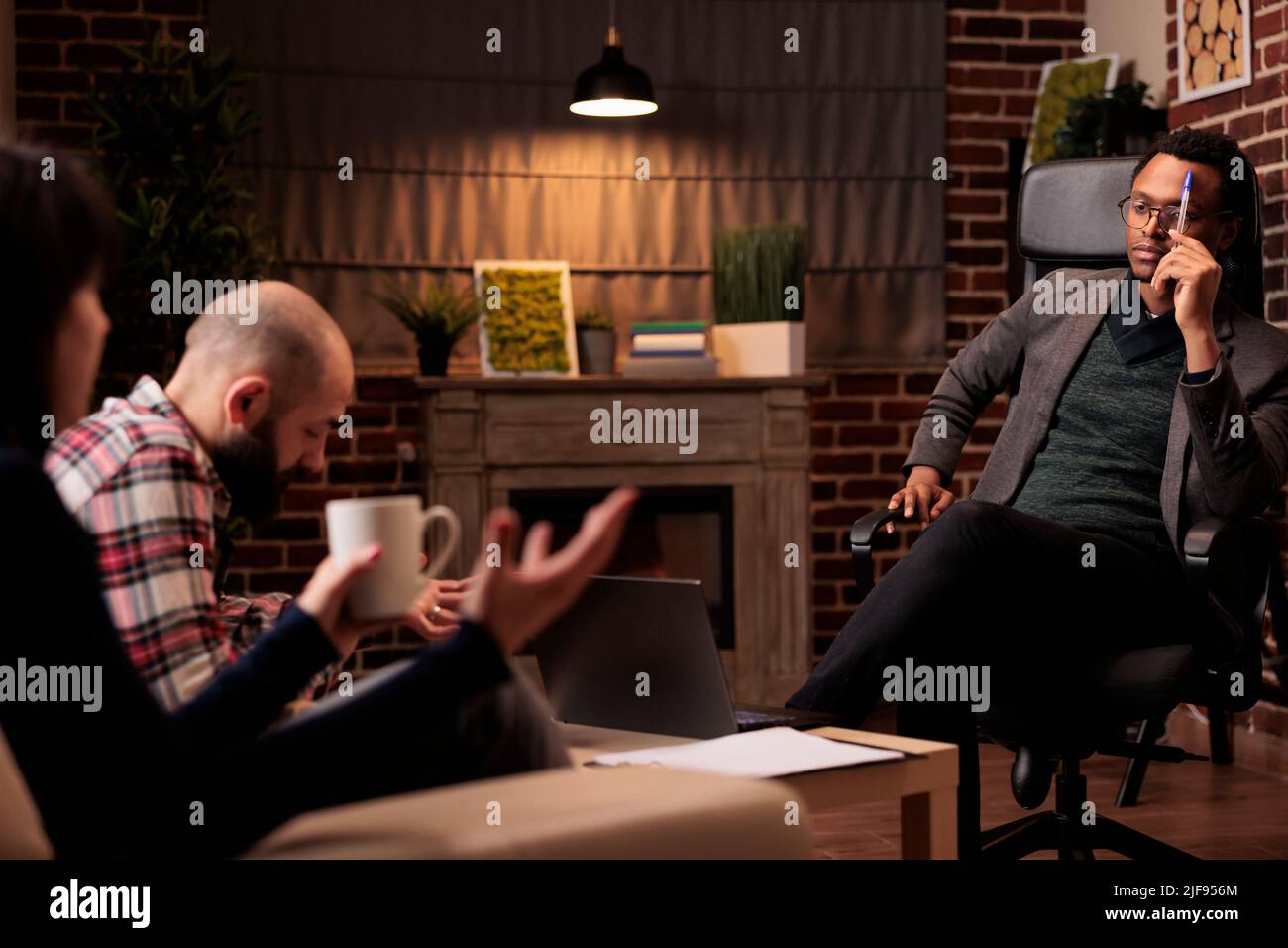 African american counselor thinking of solution to solve relationship ...