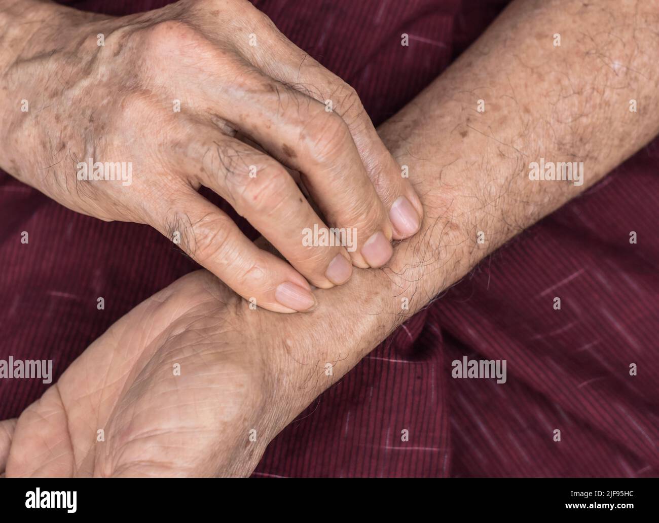 Self-examination of pulsation. Counting pulse rate in home Stock Photo ...