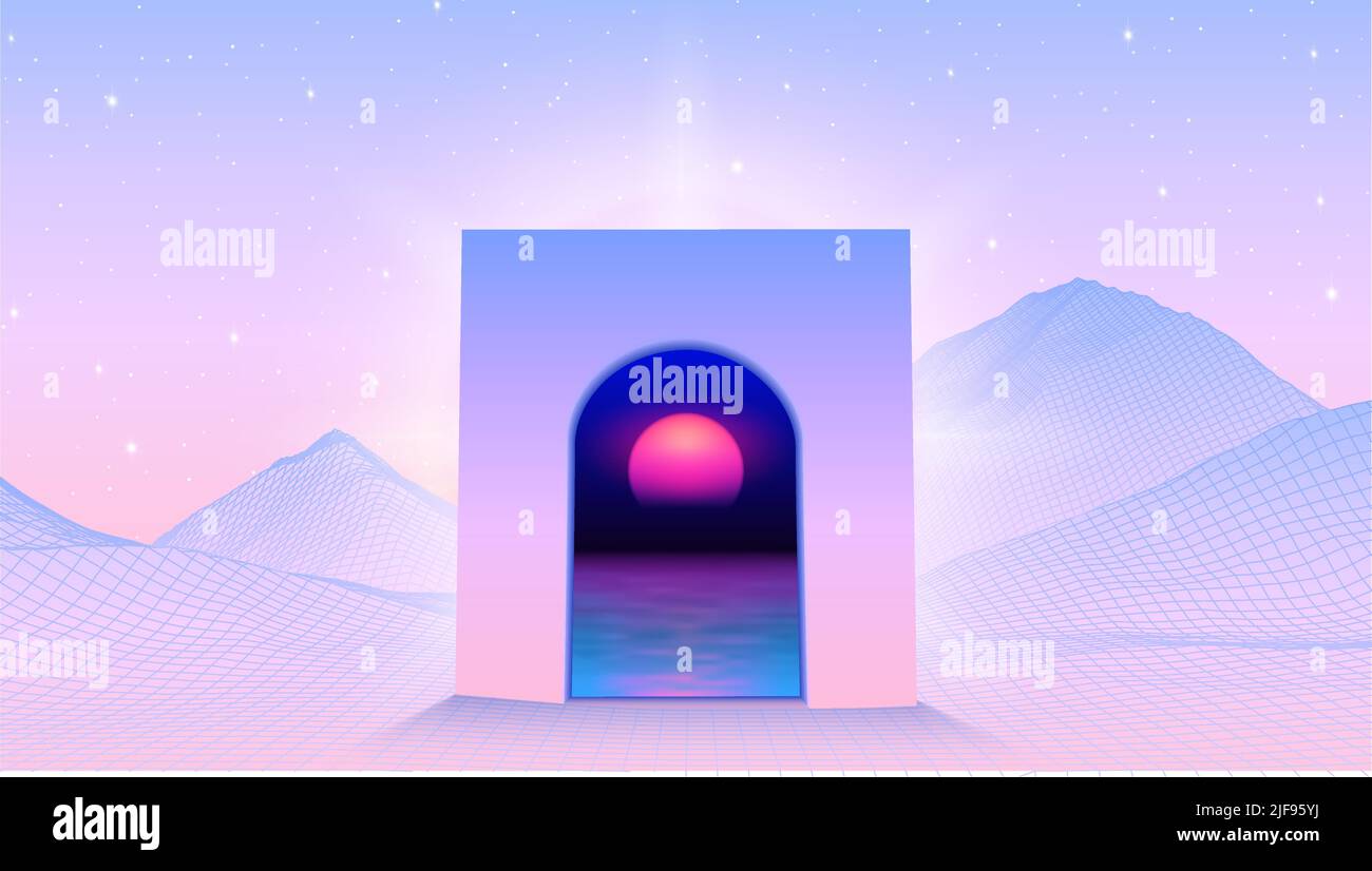 Abstract vaporwave scene with arch or gate to another world with ...