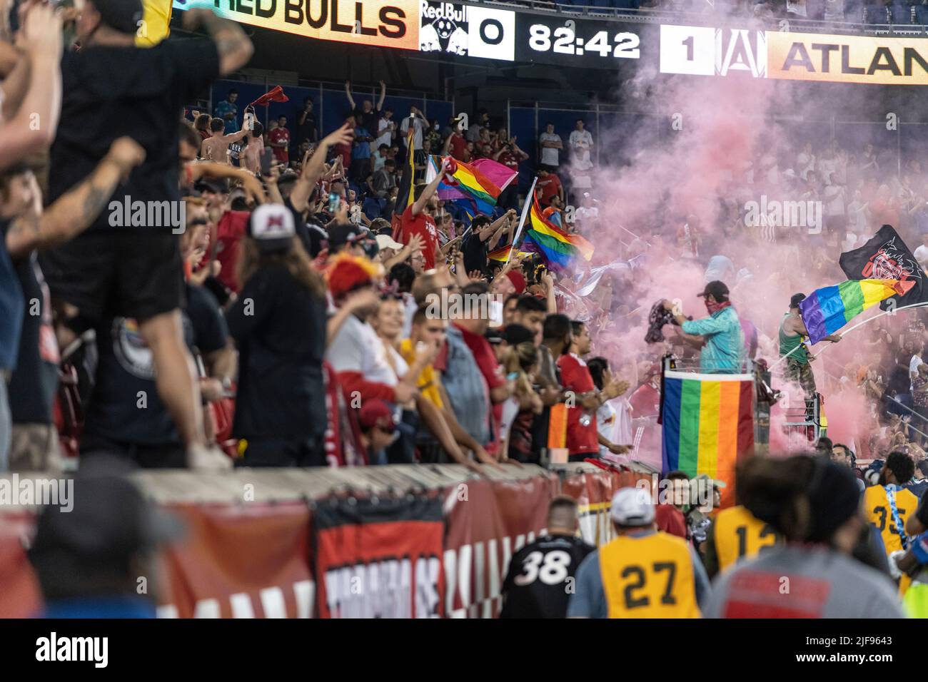 New York, NY - June 30, 2022: Red Bulls fans celebrate goal scored by Lewis Morgan (10) during ...