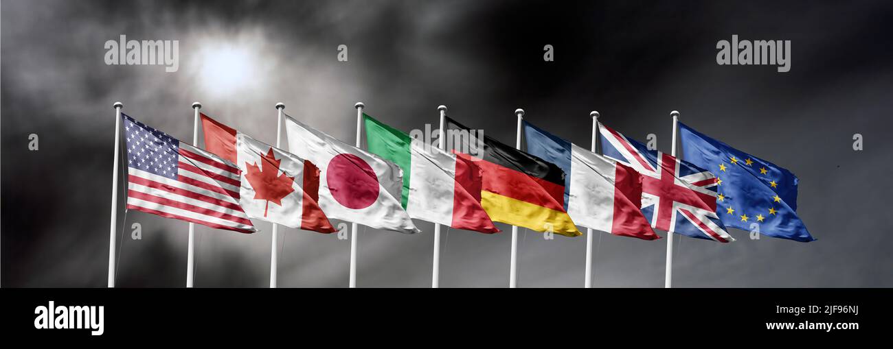 G7 summit. flags of members of G7 group of seven and list of countries ...
