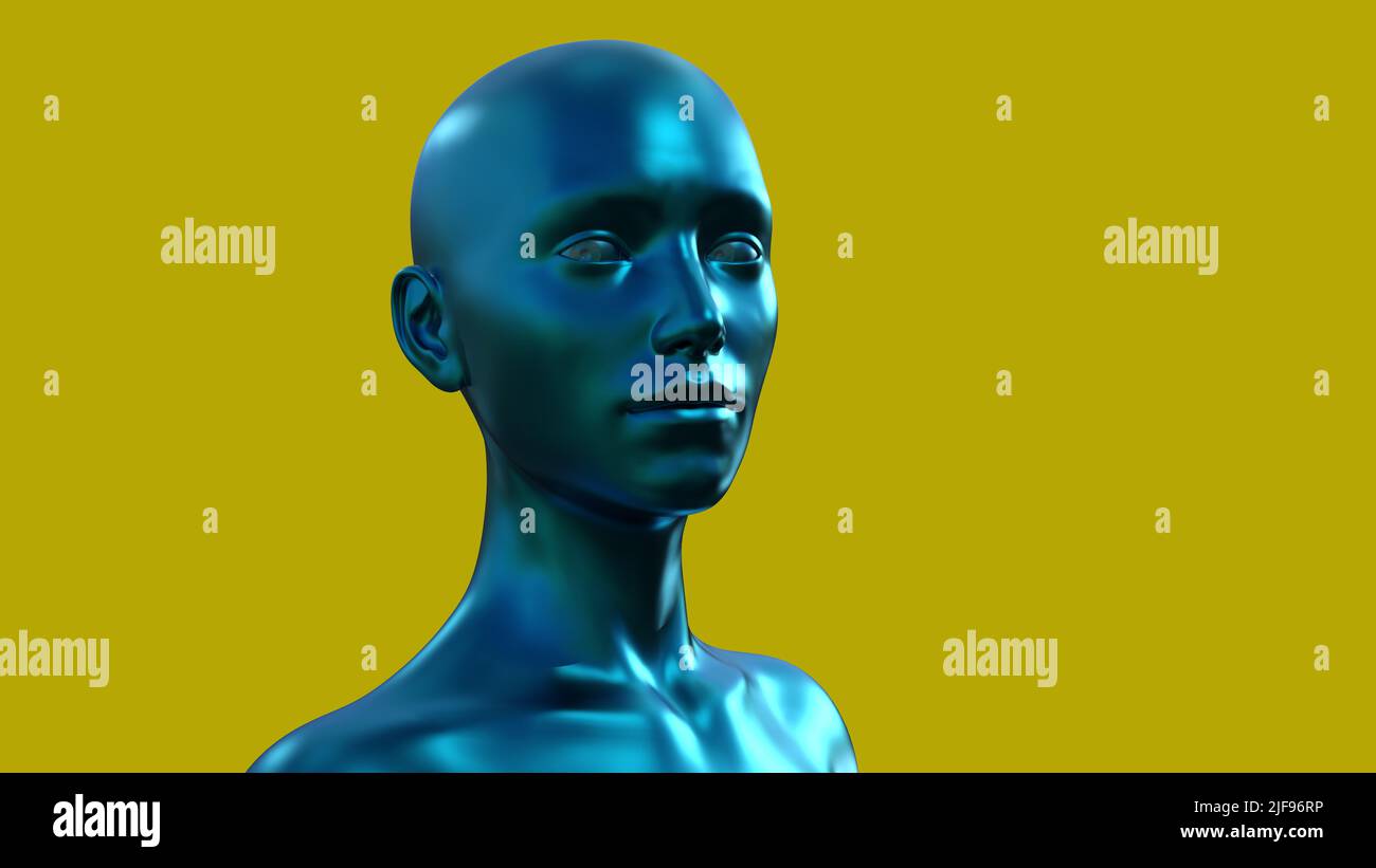 3d illustration. Portrait of a blue bald woman on an yellow background ...
