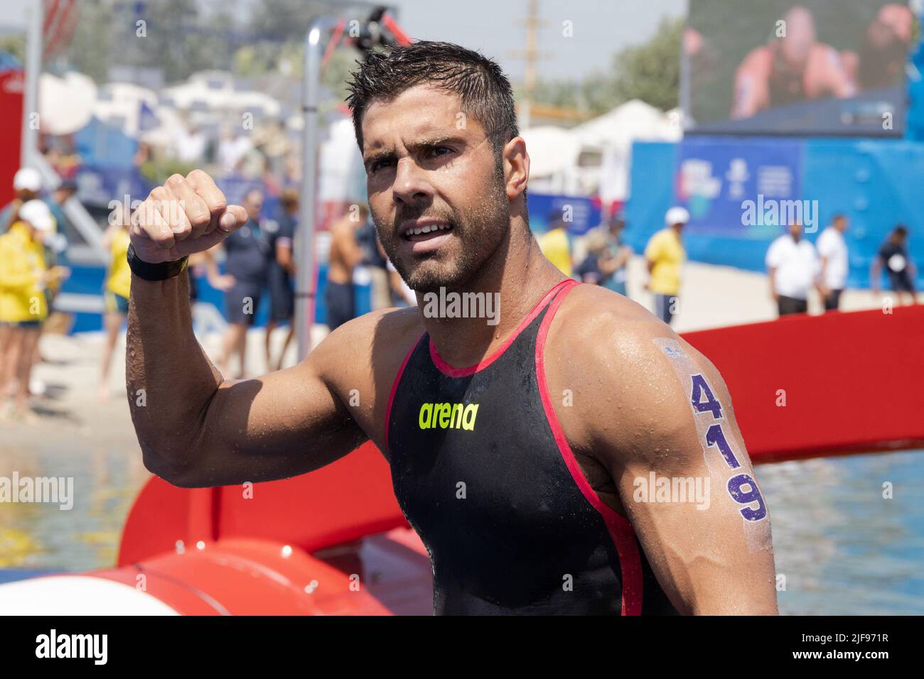 Budapest. 30th June, 2022. Italy's Dario Verani reacts after winning ...