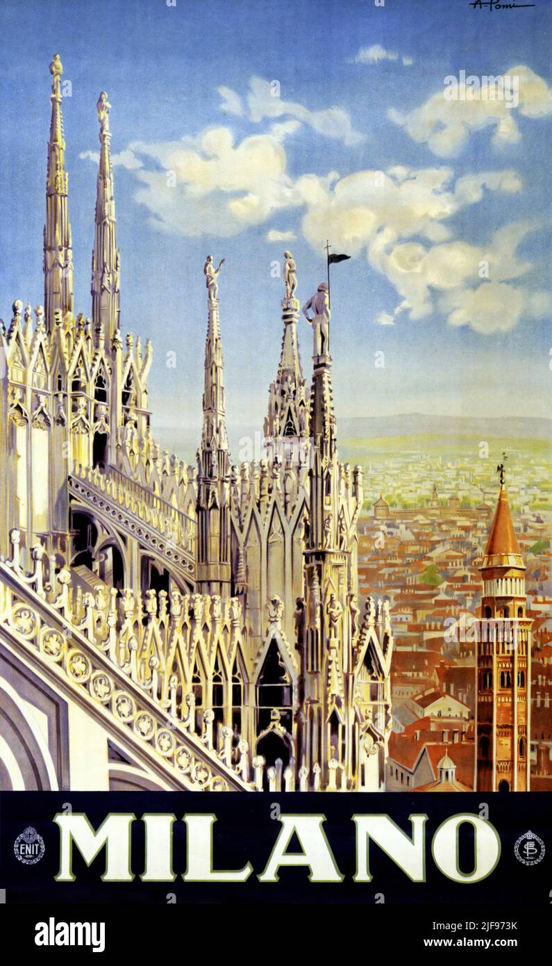 Vintage retro travel poster milano milan italy 1920 hi-res stock ...