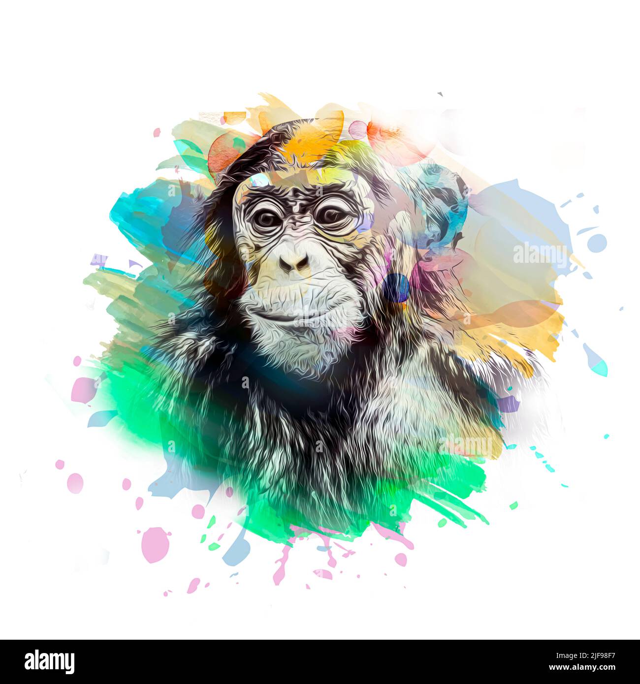 colorful artistic monkey muzzle with bright paint splatters on white ...