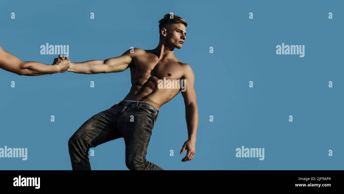 Helping hand, support. Men arm, salvation. Two hands, helping arm of a ...