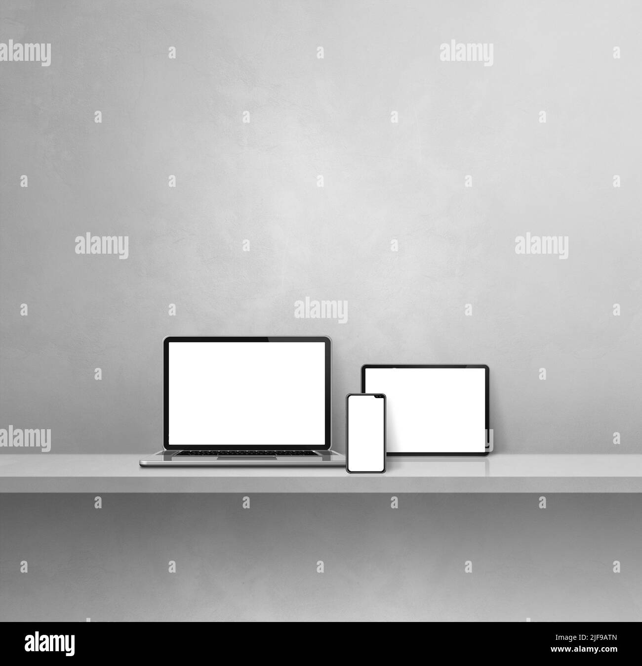 Laptop, mobile phone and digital tablet pc on grey wall shelf. Square ...