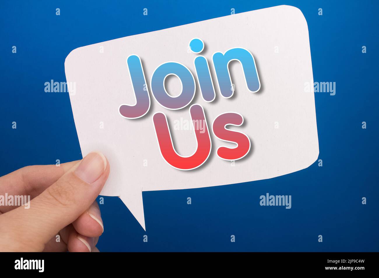 Speech bubble in front of colored background with Join Us text Stock ...