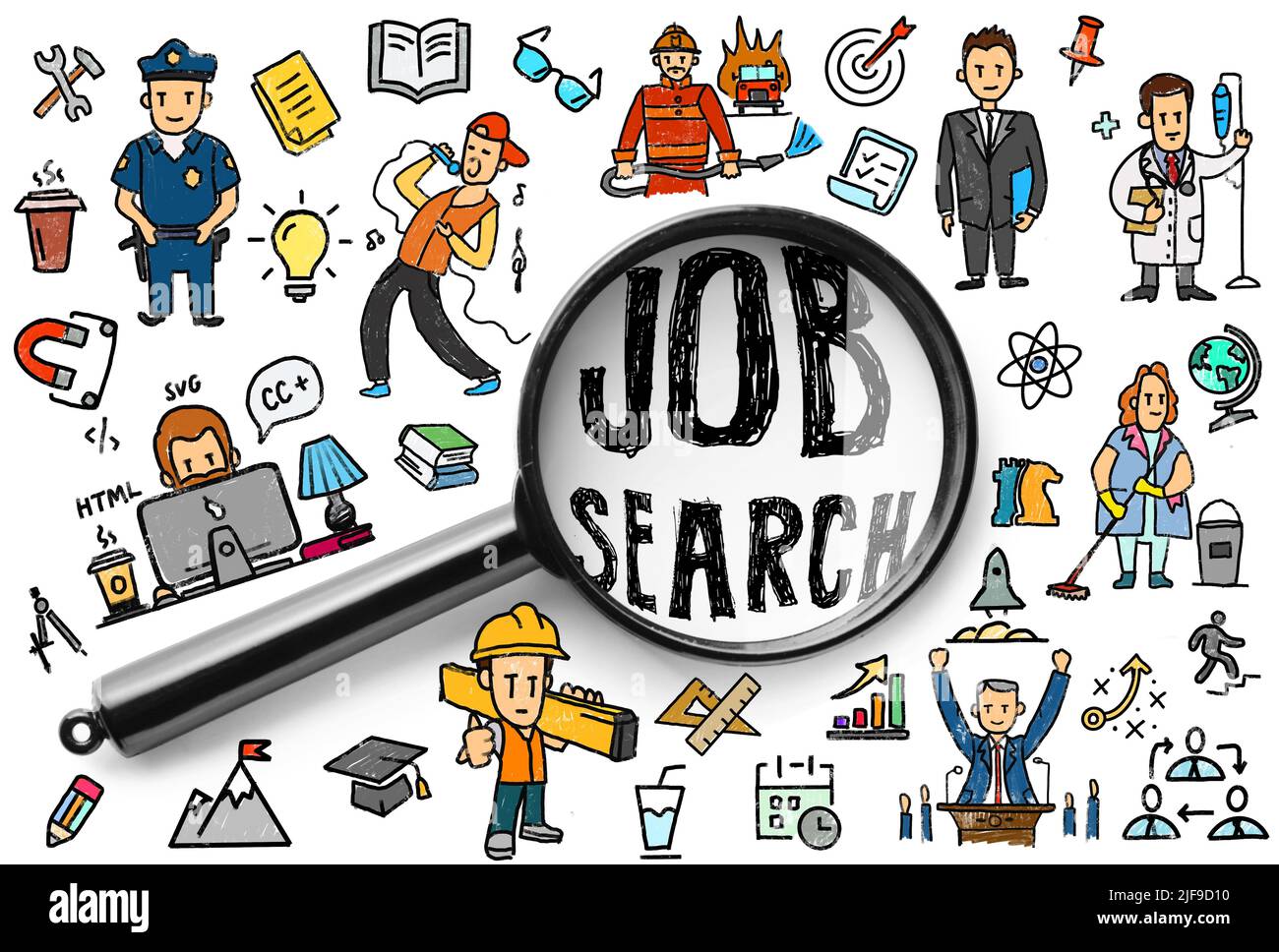 Collage with people of different professions and magnifier with text ...