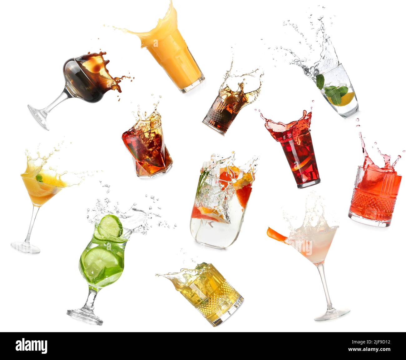 Set of different drinks with splashes isolated on white Stock Photo - Alamy