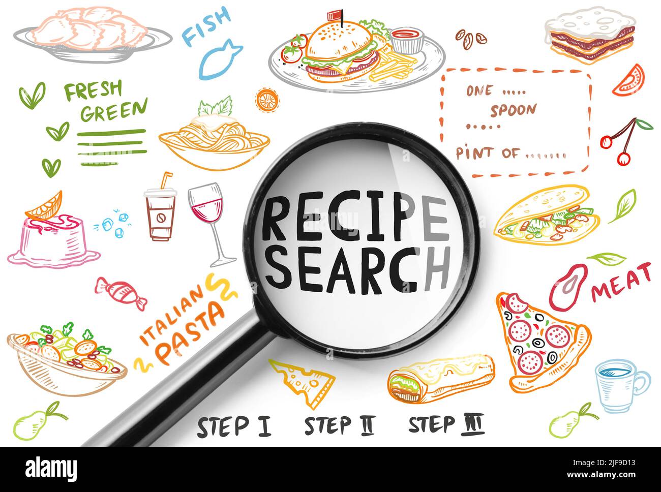 Collage with different tasty dishes and magnifier with text RECIPE ...