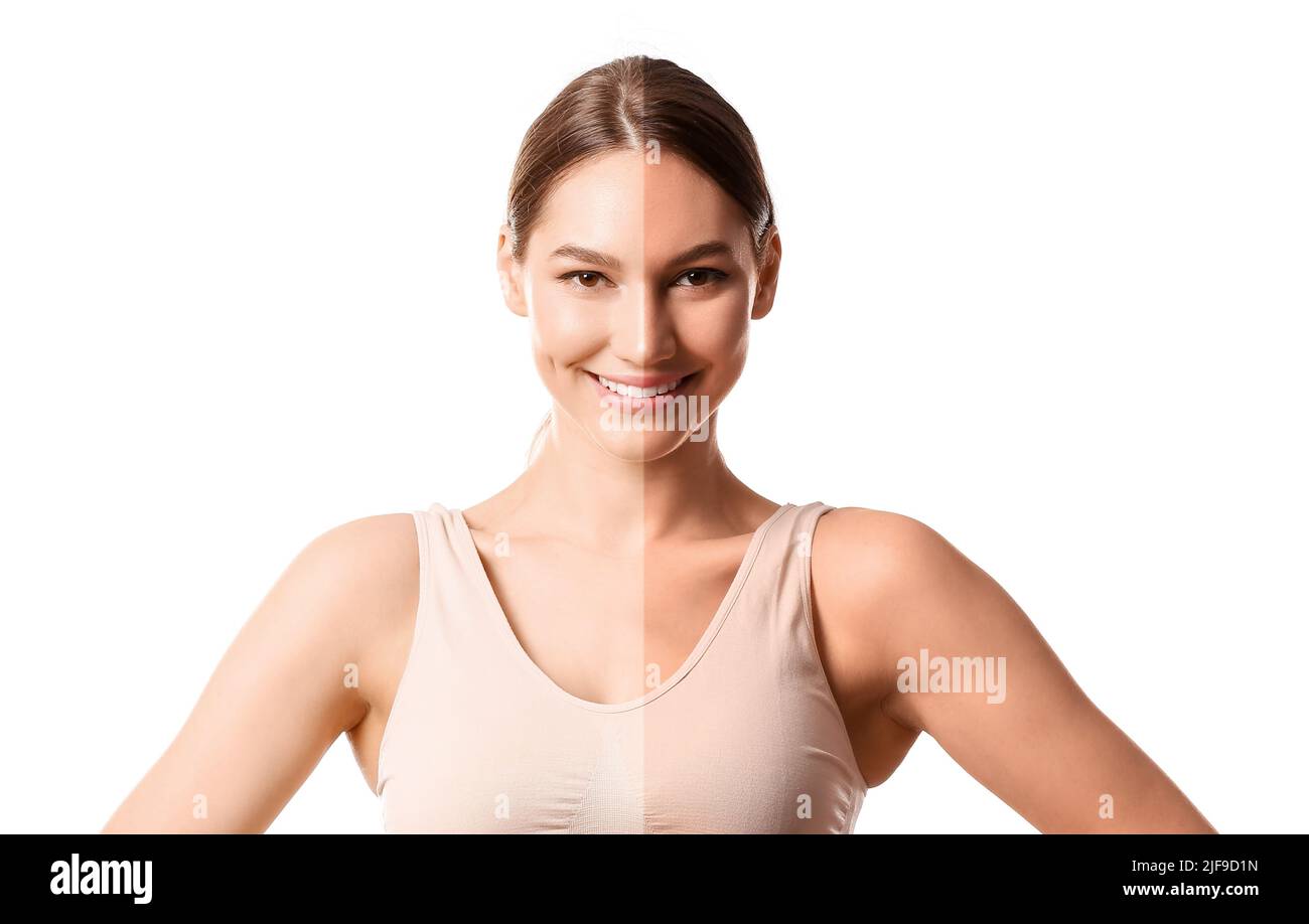 Portrait of pretty young woman before and after tanning on white ...