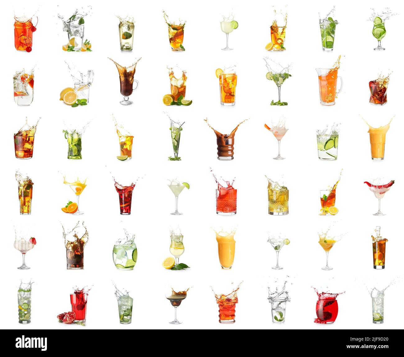 Set of different drinks with splashes isolated on white Stock Photo - Alamy