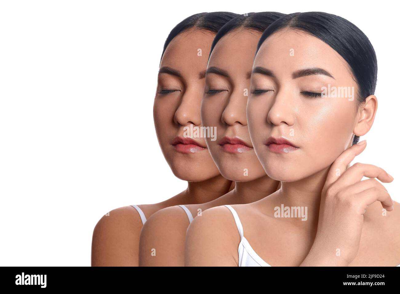 Set Of Beautiful Young Asian Woman On White Background Process Of