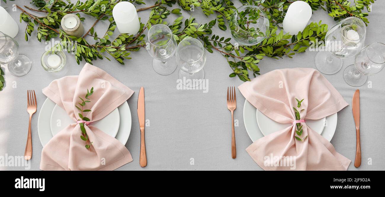 Beautiful wedding table setting with floral decor, top view Stock Photo ...