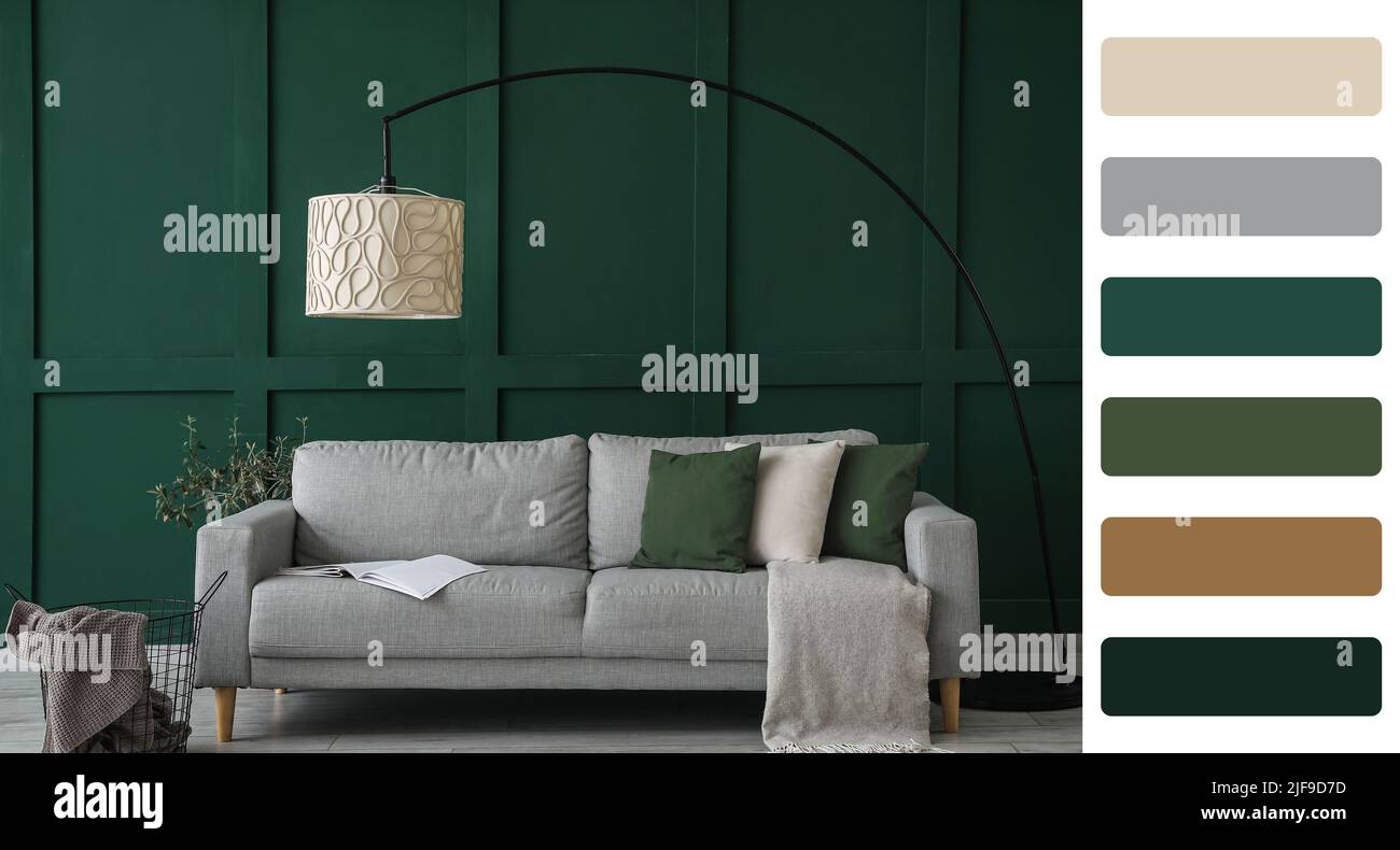 Interior of living room with sofa near green wall. Different color ...