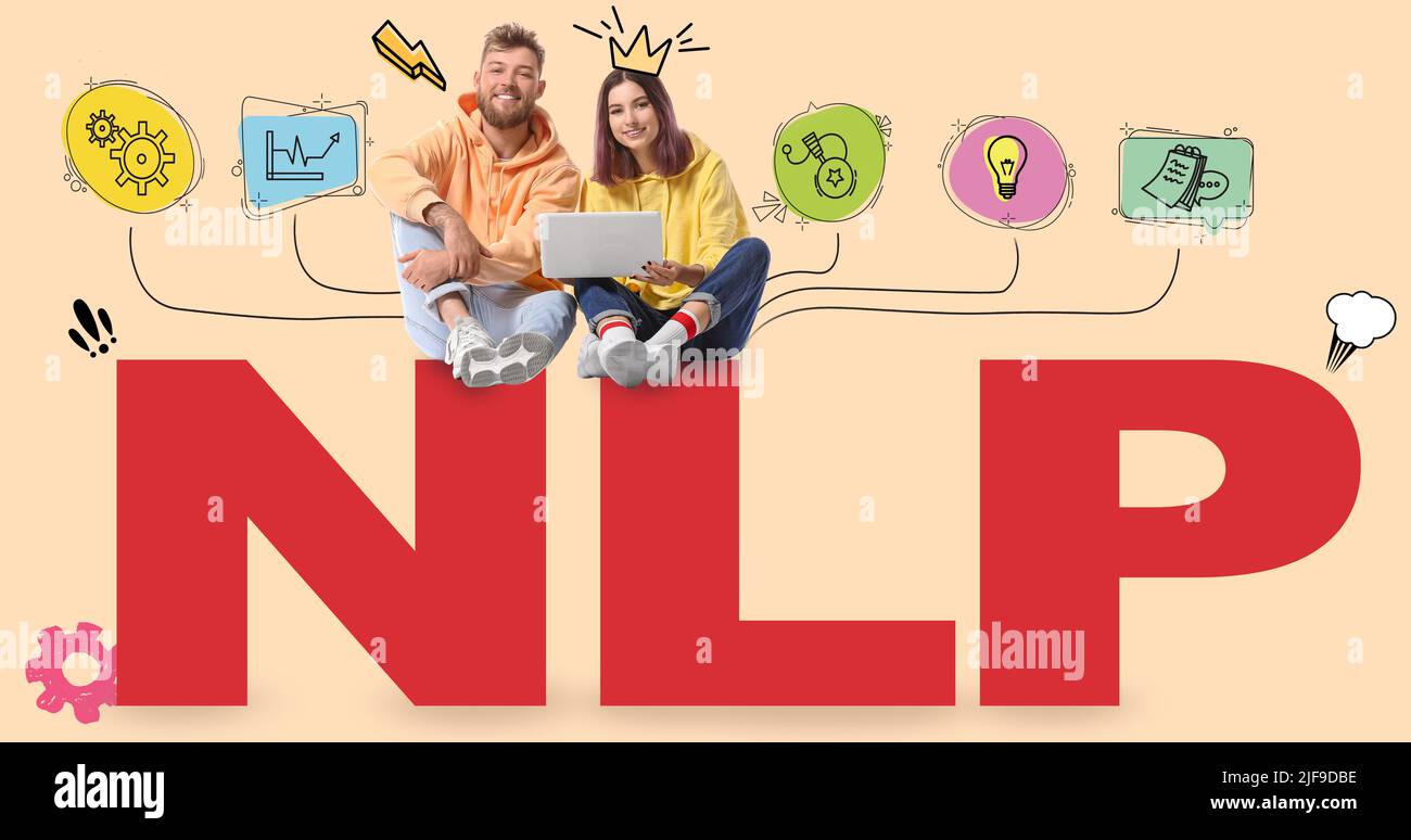 Collage with young couple using laptop and word NLP on beige background ...