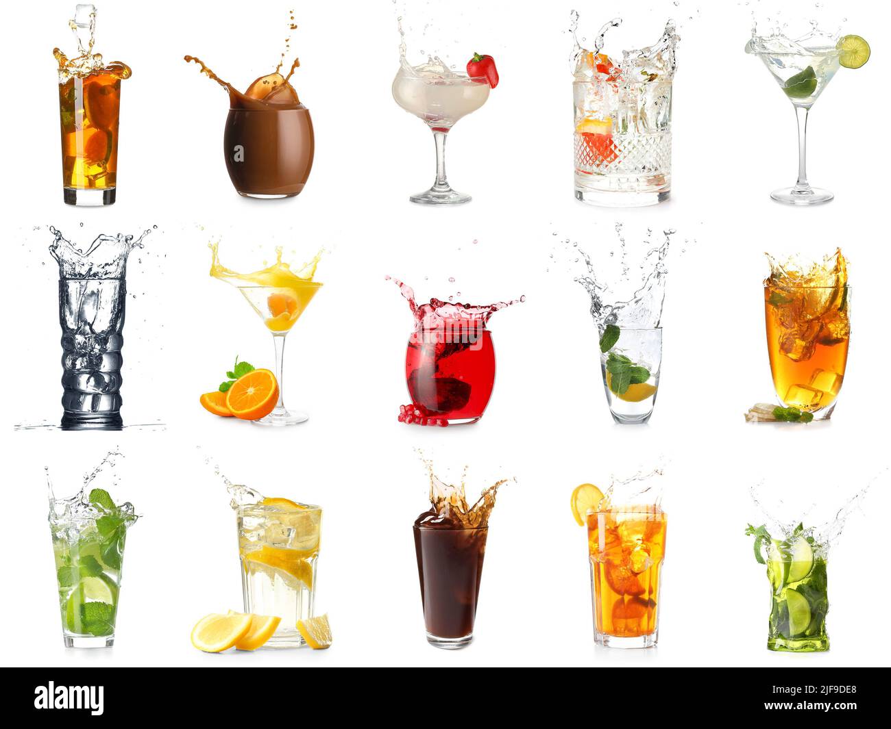 Set of different drinks with splashes isolated on white Stock Photo - Alamy