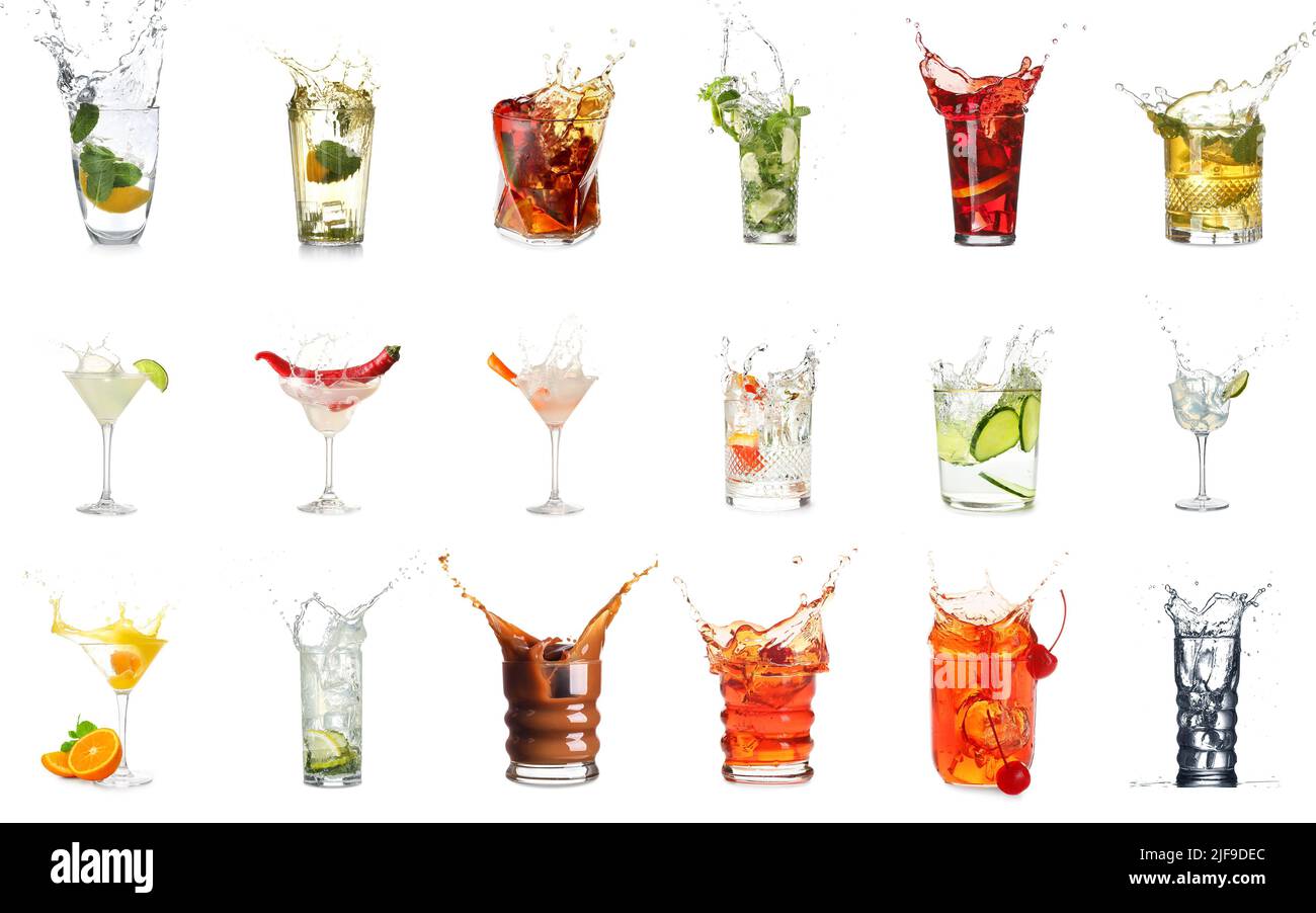 Set of different drinks with splashes isolated on white Stock Photo - Alamy