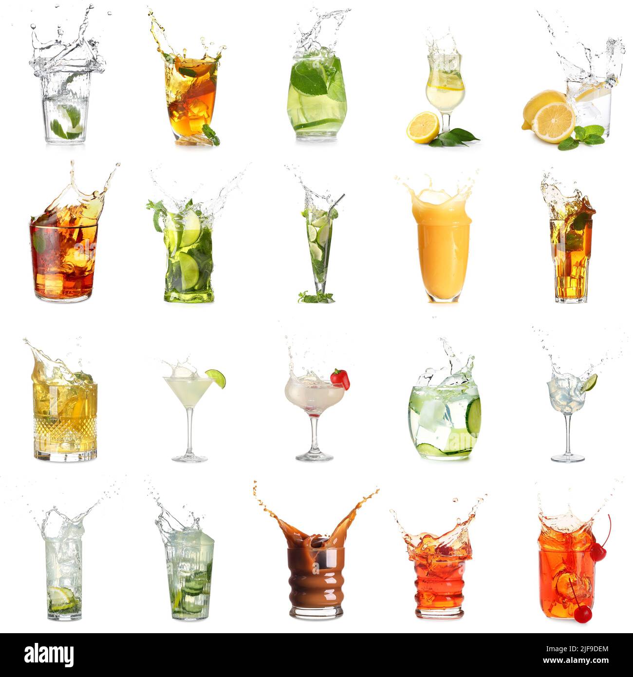 Set of different drinks with splashes isolated on white Stock Photo - Alamy
