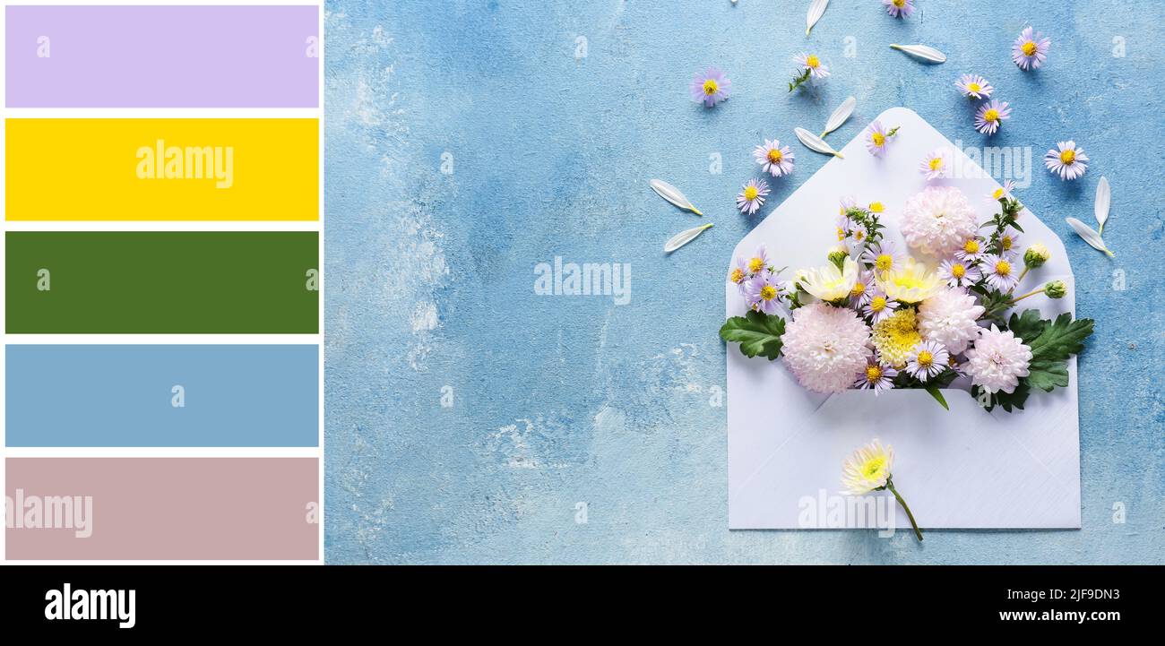 Beautiful composition with flowers and envelope on light blue ...
