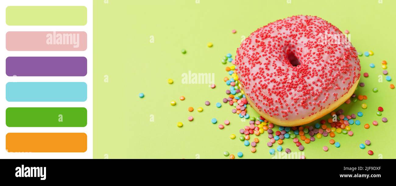 Delicious donut on green background. Different color patterns Stock ...