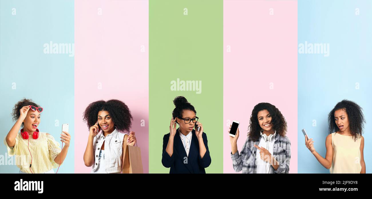 Collage of young African-American women with mobile phone on color background with space for ...