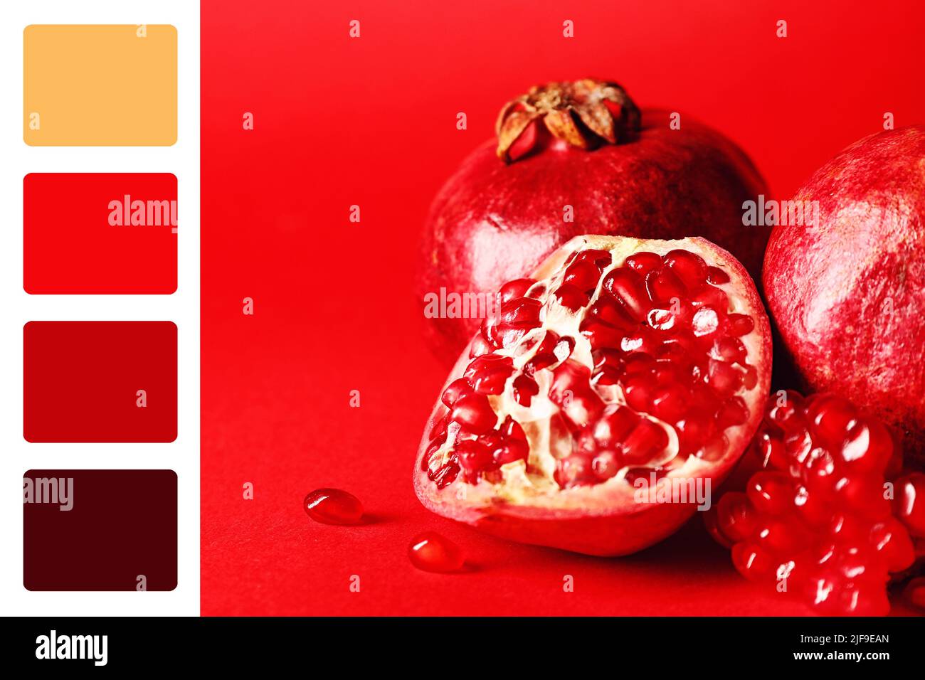 Ripe delicious pomegranates on red background. Different color patterns ...