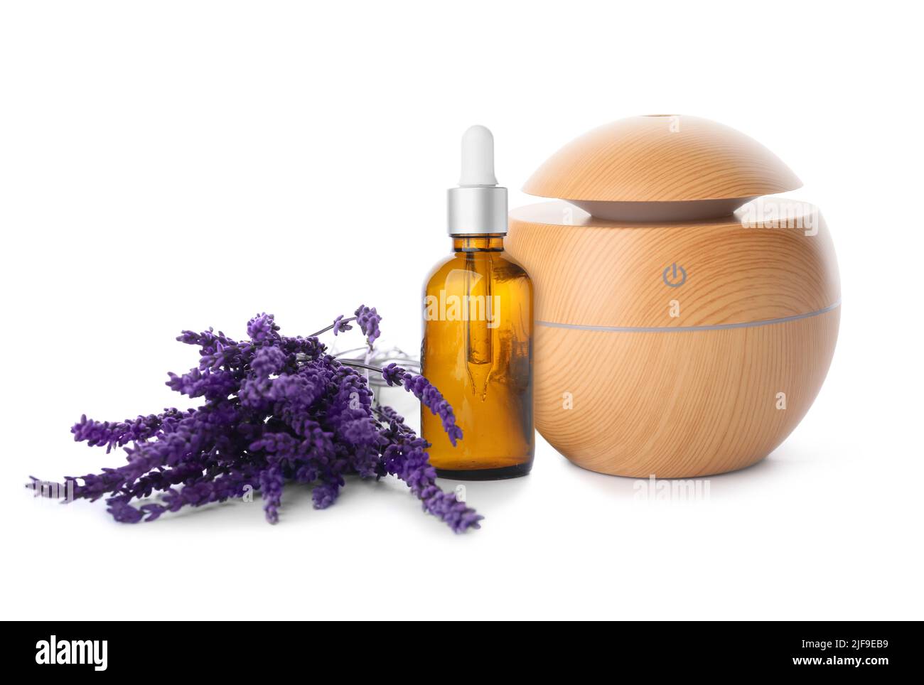 Aroma oil diffuser and lavender essential oil on white background Stock ...
