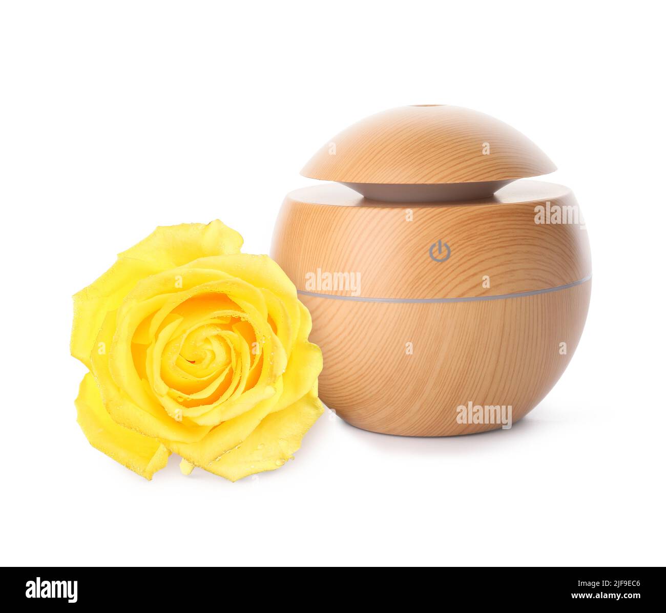 Aroma oil diffuser and rose on white background Stock Photo - Alamy