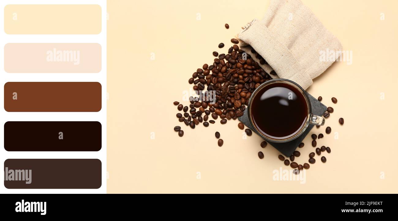 Cup of hot coffee and beans on beige background. Different color ...