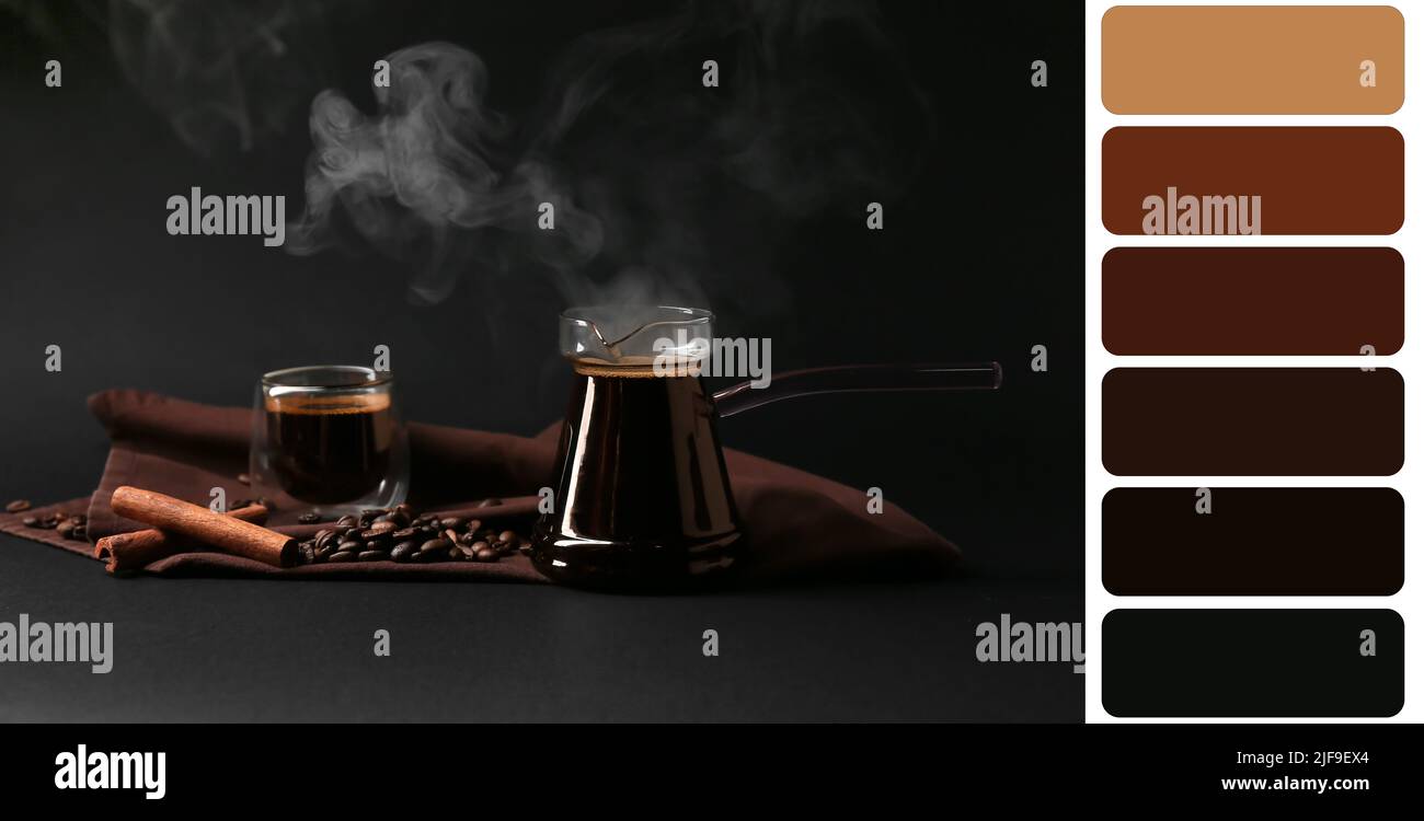 Jezve and cup with hot turkish coffee on dark background. Different ...