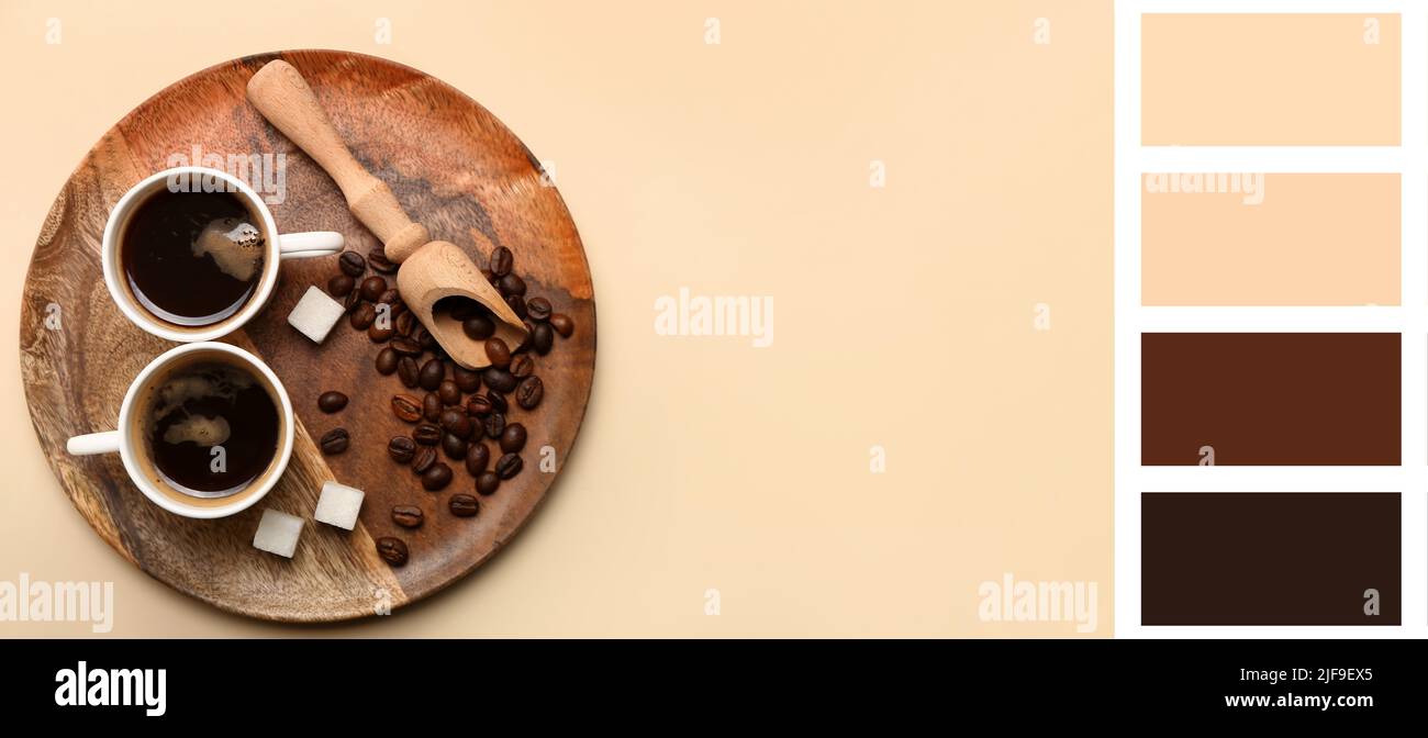 Cups of hot coffee, beans and sugar on beige background. Different ...