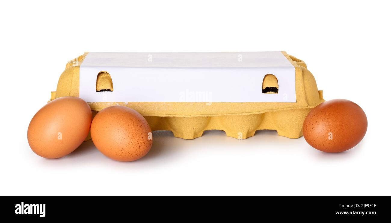 Cardboard holder and chicken eggs on white background Stock Photo - Alamy