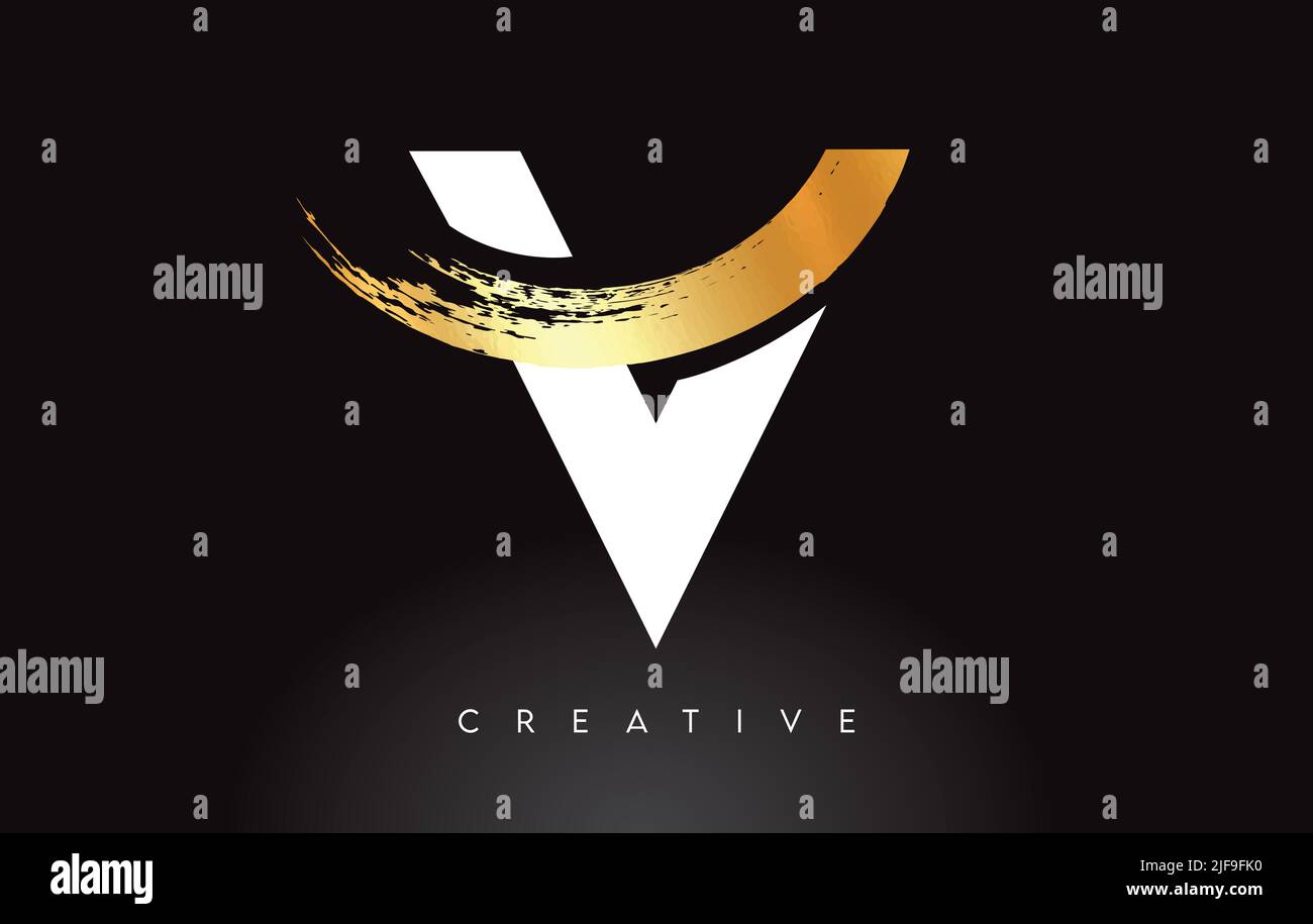 Golden V Letter Logo with Brush Stroke Artistic Look on Black ...