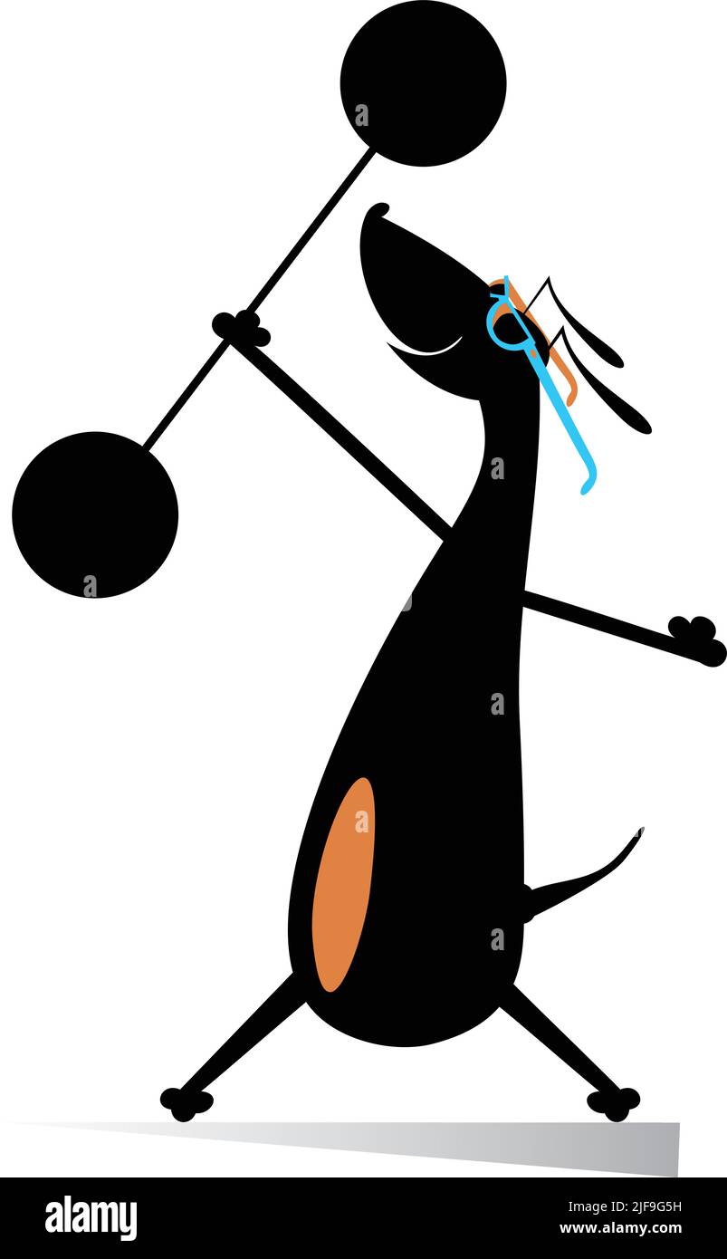 Strong dog with weight isolated. Cartoon dachshund lifts a heavy weight ...