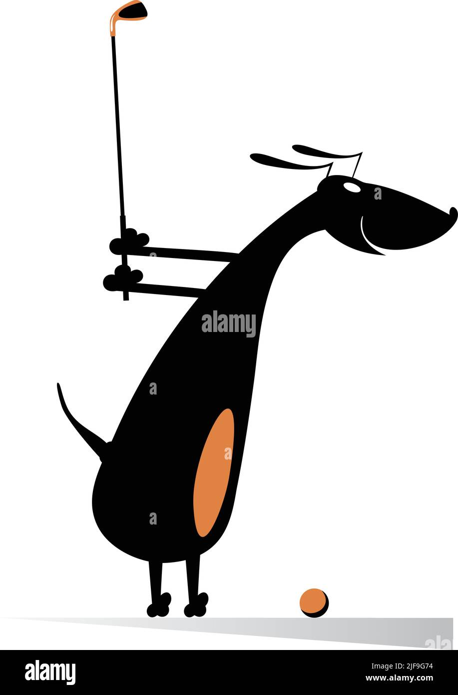 Cartoon dog plays golf. Funny dog holding a golf club and trying to do ...