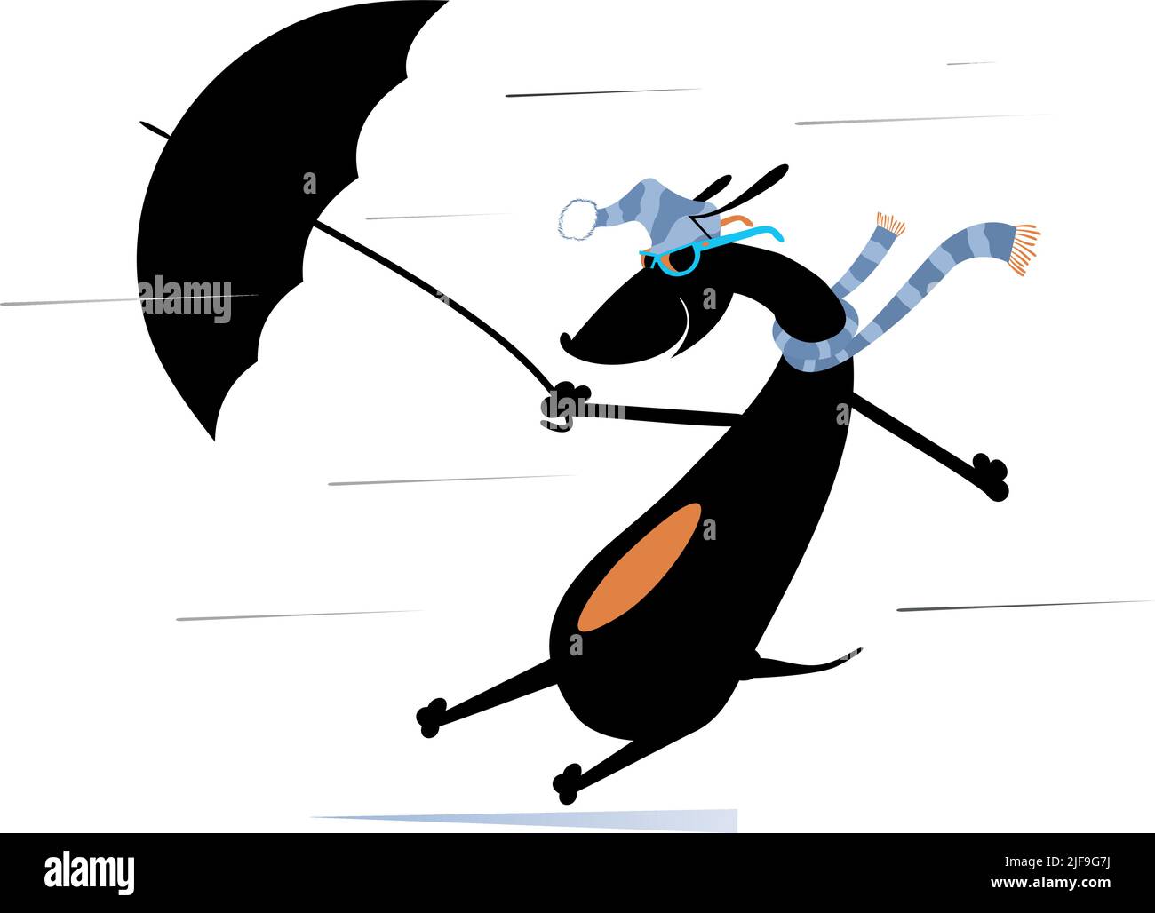 Windy day and a dog with umbrella illustration. Cartoon dachshund with ...