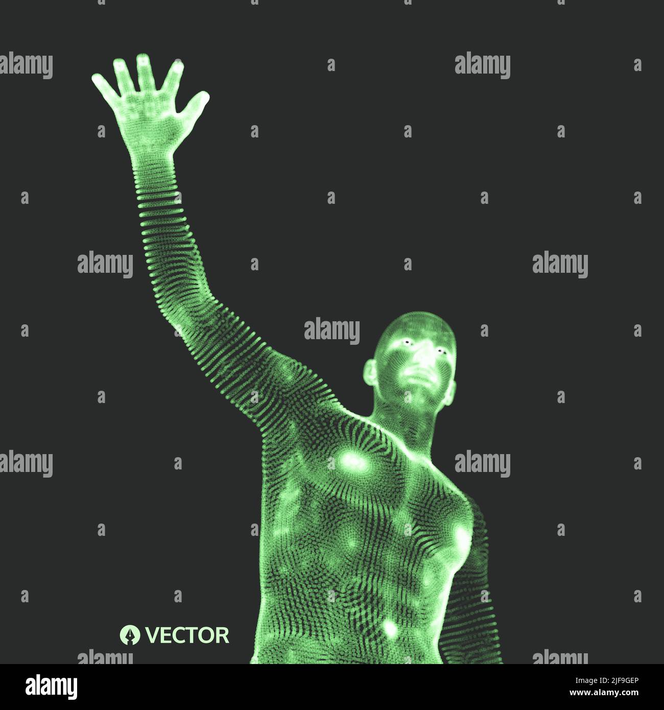 Vector man with hand up to stop. Human showing stop gesture. 3D model ...