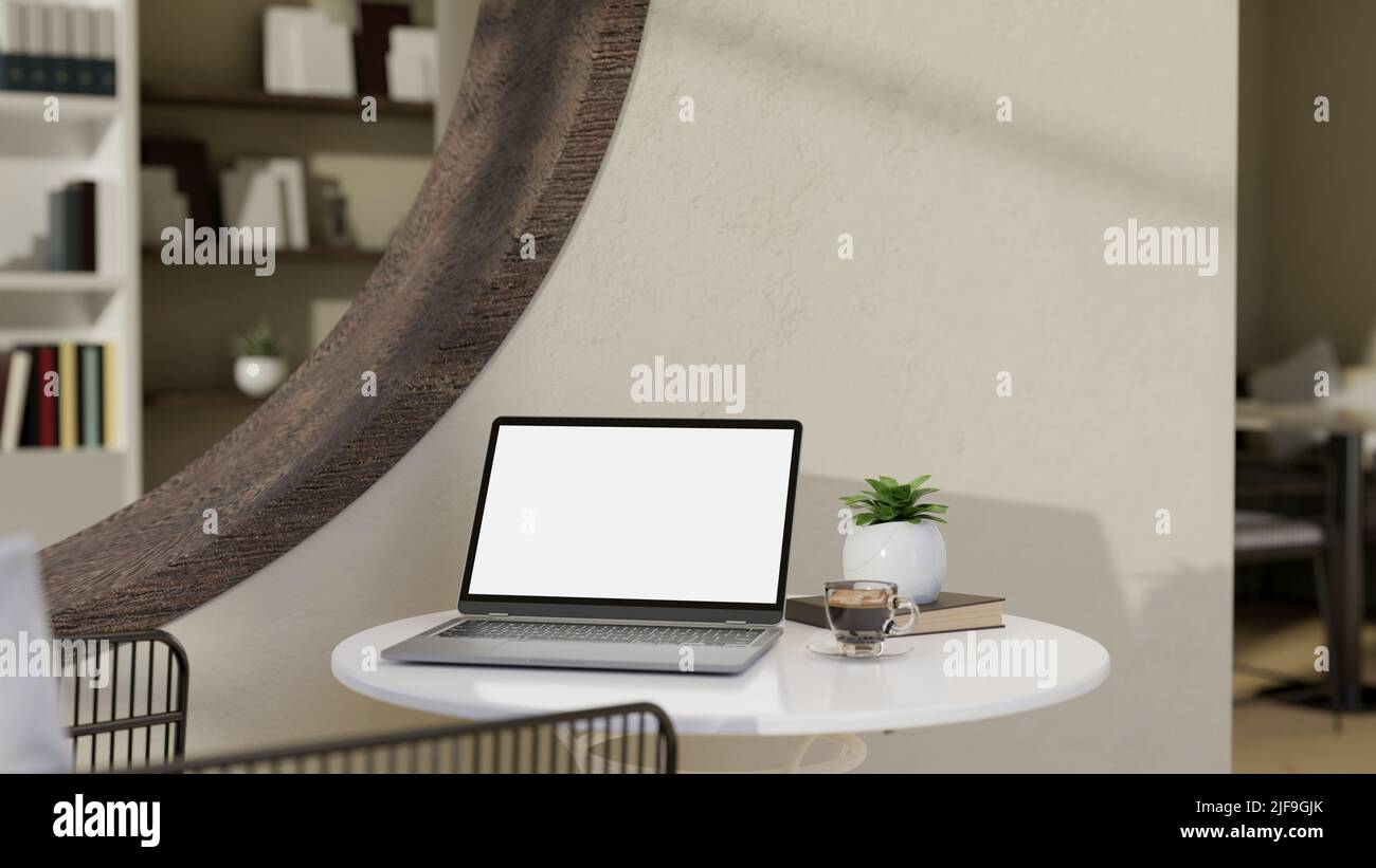 Coffee shop seating area interior design with portable laptop computer ...