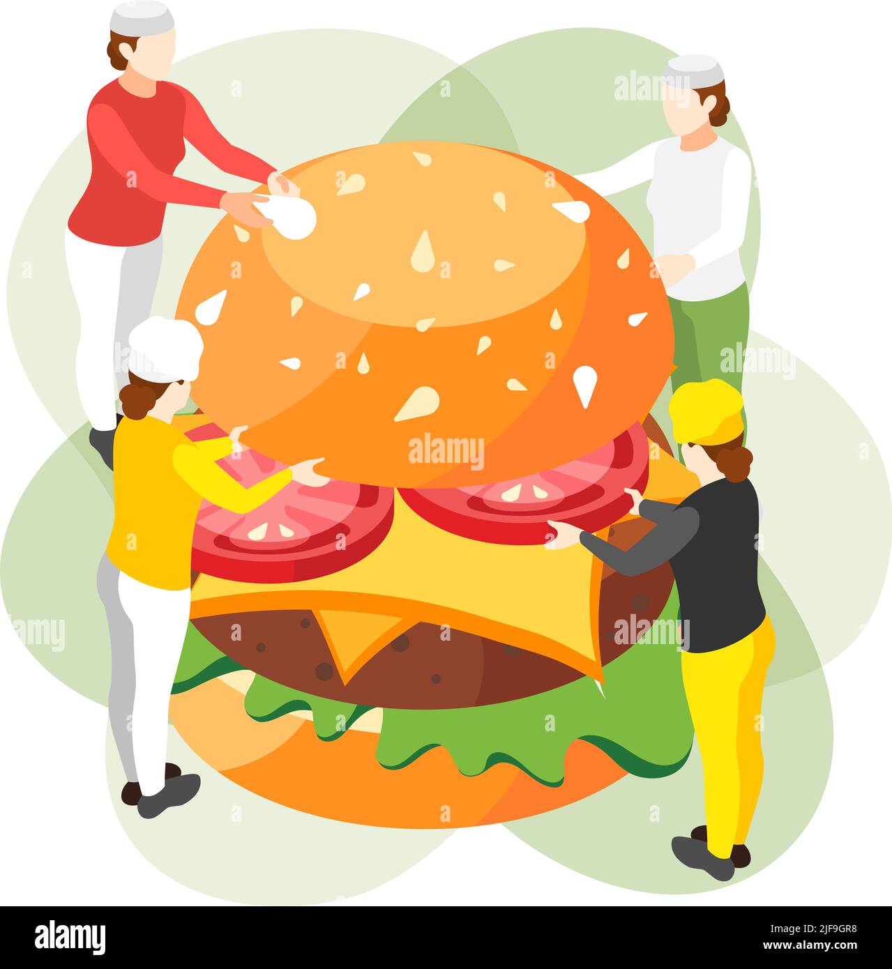 Burger house isometric composition with group of small human characters ...