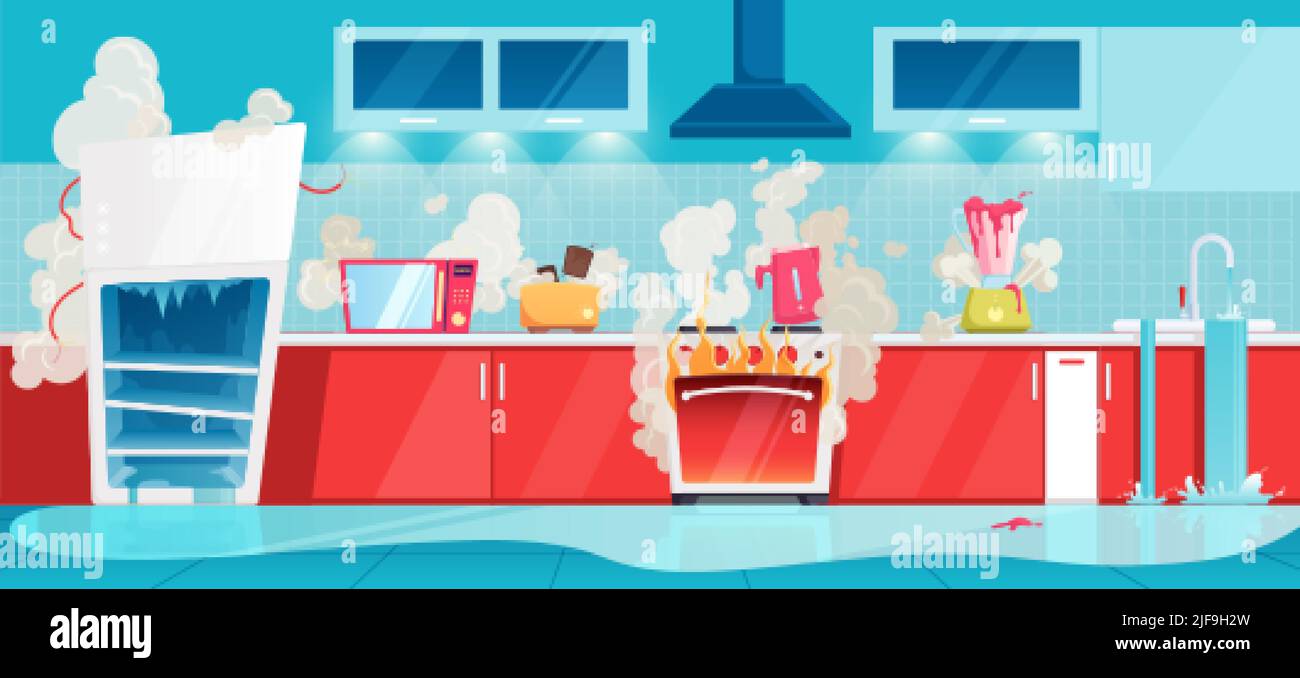 Broken household appliances kitchen interior composition with broken ...