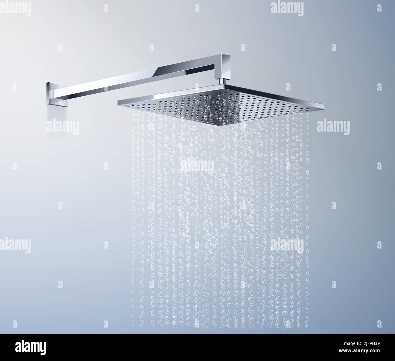 Modern glossy metallic rectangular shower head with running water ...