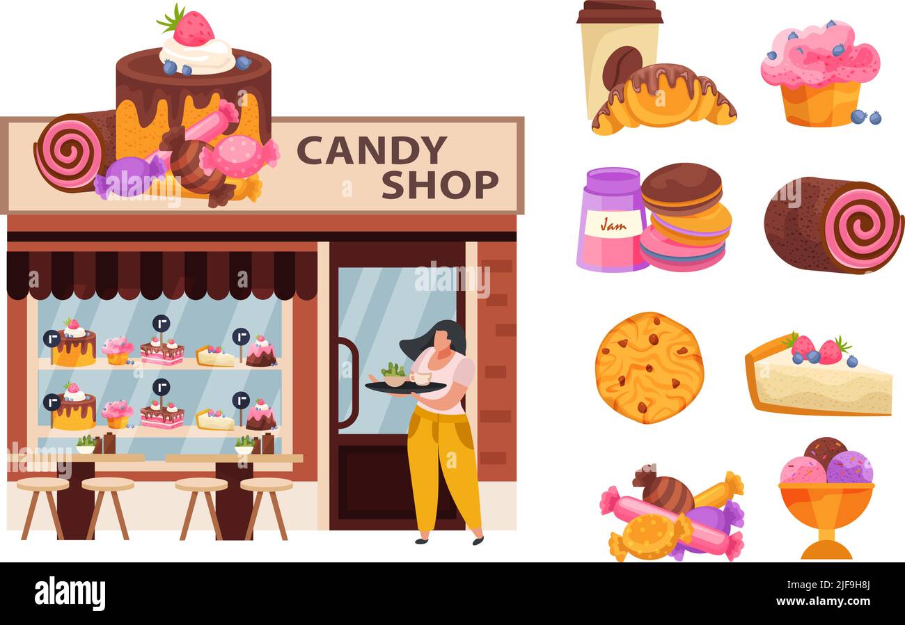 Candy shop business concept with pastry and sweets symbols flat vector ...