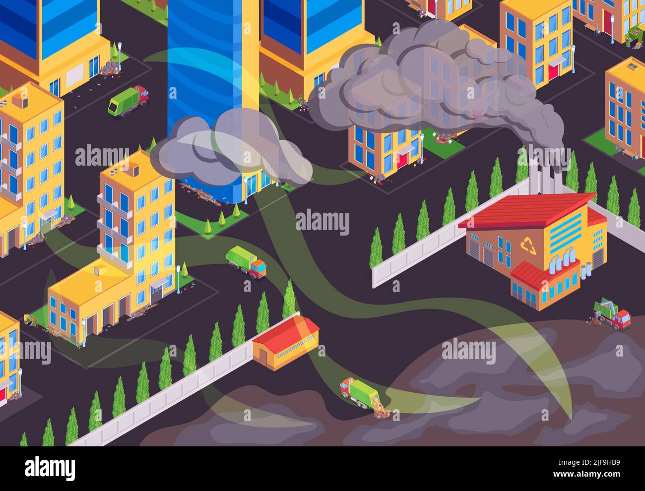City garbage waste air pollution isometric composition with heavy dirty ...