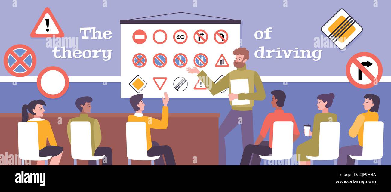 Driving school poster with theory study symbols flat vector ...