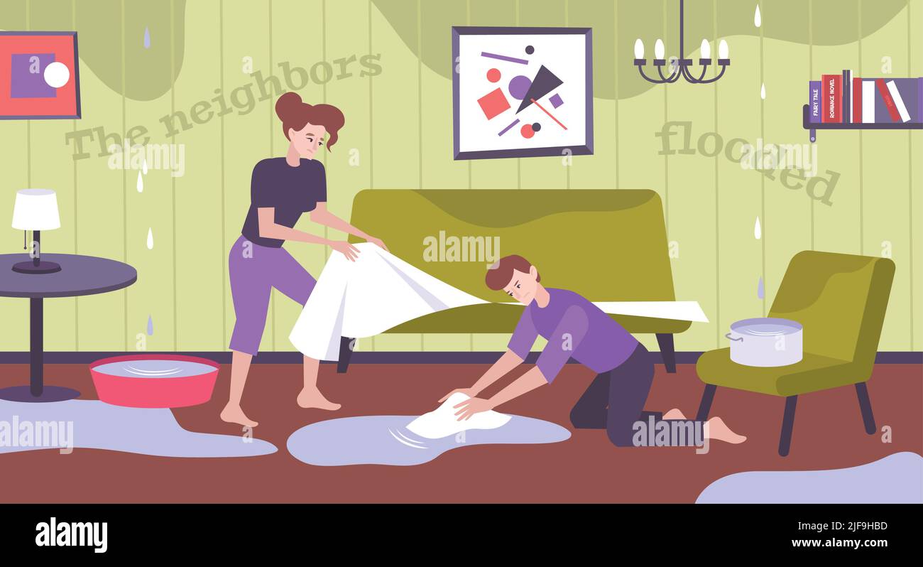 House neighbors problem background with flooded apartment symbols flat ...