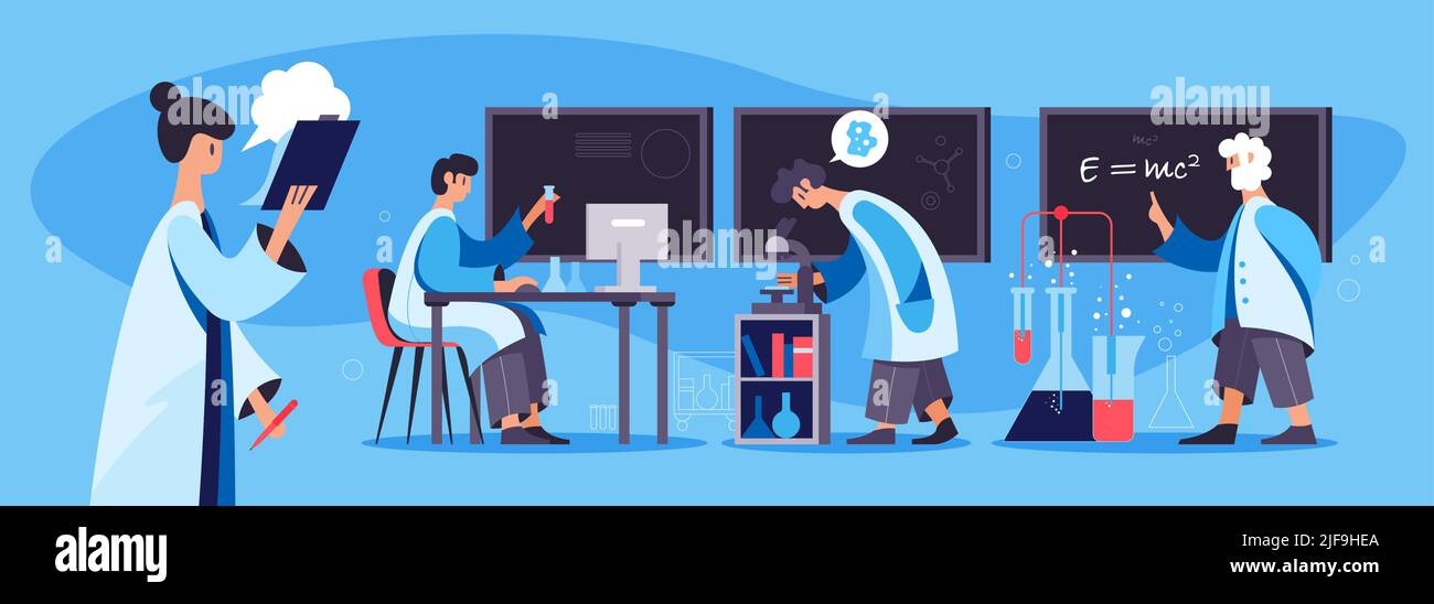 Scientific laboratory research work flat banner with scientists ...